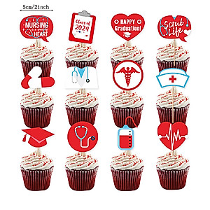 Nurse Graduation Party Decoration,2024 Glitter Red Nurses' Day Congrats Nurse Banner Nurses & Doctors Theme Garland Cake Cupcake Toppers for Nurses Week Nurses Day RN Graduation Party Supplies