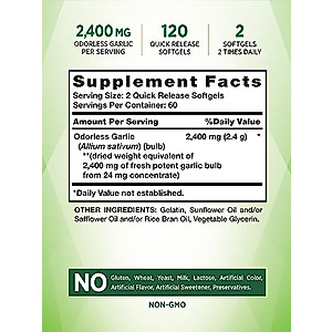 Odorless Garlic 2400 mg | 120 Softgel Capsules | High Strength Extract Pills | Non-GMO, Gluten Free Supplement | by Nature's Truth