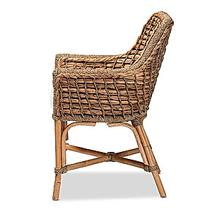 Baxton Studio Kyle Modern Bohemian Natural Brown Woven Rattan Dining Arm Chair with Cushion