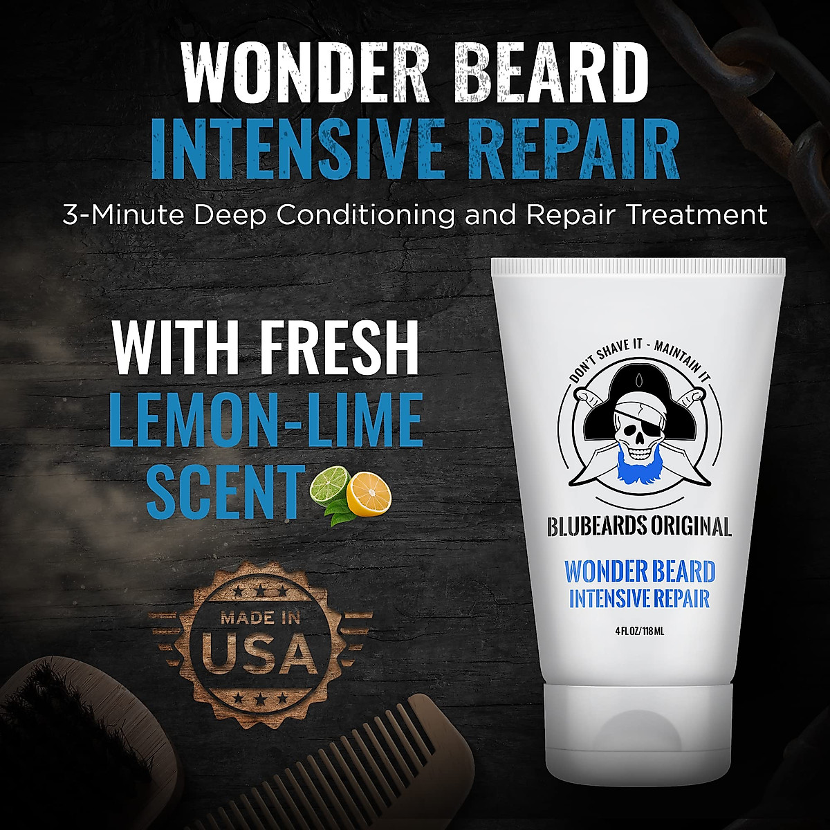 Bluebeards Original Wonder Beard Intensive Repair, 4 oz. - Beard Conditioner for Men with Meadowfoam Seed Oil & Amino Acids to Deeply Restore, Soften, and Rejuvenate Your Beard and Skin - Made in USA