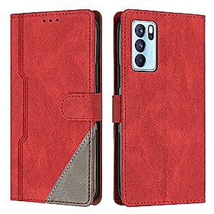 Wallet Case Compatible with Oppo Reno 6Pro 5G Case, Reno 6Pro 5G Wallet Case Slim PU Leather Phone Case Flip Folio Leather Case Card Holders Shockproof Protective Case with Wrist Strap ( Color : Verme