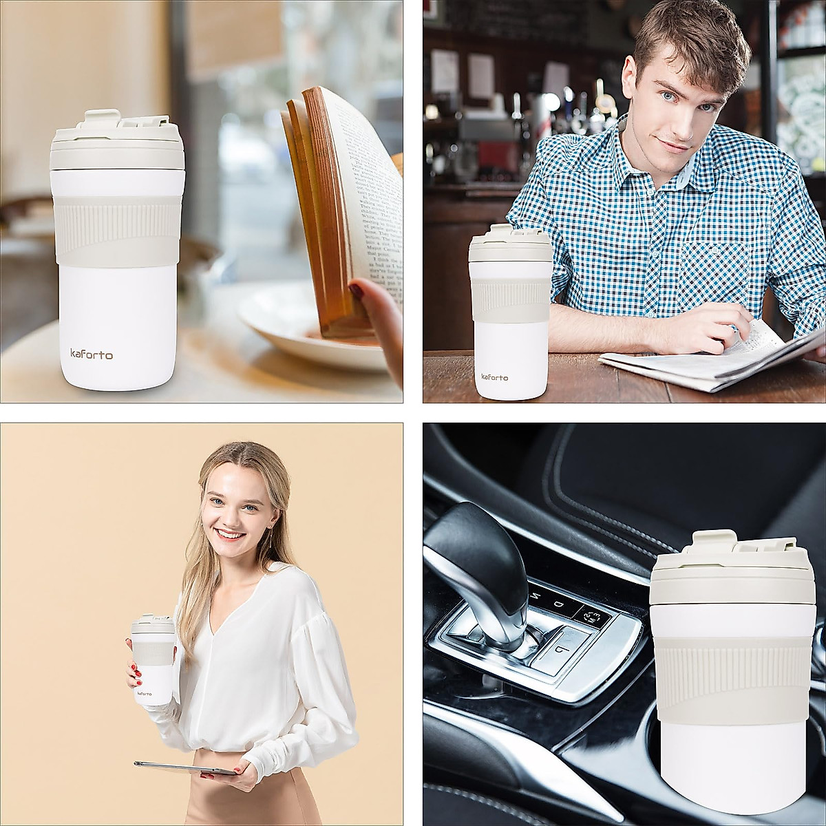 kaforto Travel Coffee Mug 15 oz, Insulated Coffee Cups with Flip Lid, Stainless Steel Coffee Mugs Spill Proof, Double Wall Vacuum Tumblers, Reusable To Go Mug for Hot/Ice Coffee Tea - 450ml, White