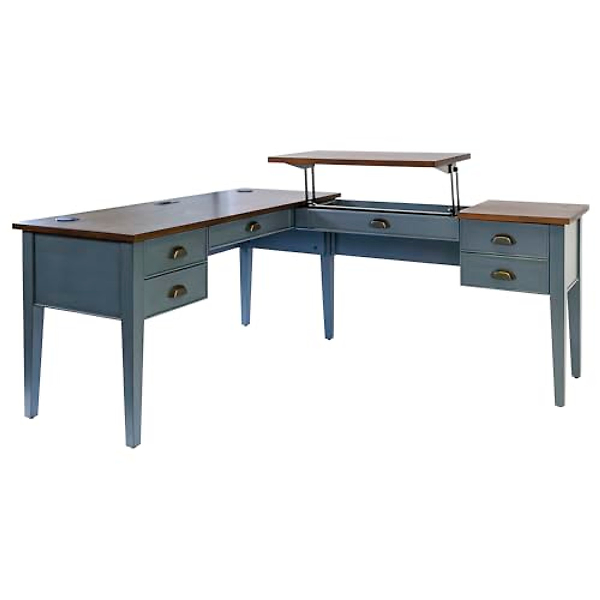 Farmhouse Wood Half-Pedestal Writing Desk and Return, Open L-Shaped Table and Return, Office Desk and Return, Blue