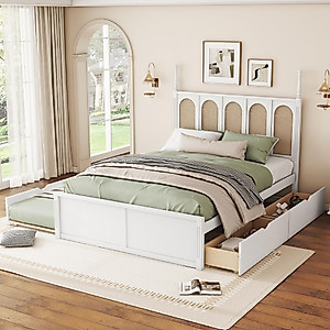 SOFTSEA Queen Size Platform Bed with Trundle and 2 Storage Drawers, Wood Platform Bed with Rattan Headboard, Rattan Bed Frame with Wood Support Slats, No Box Spring Needed, White