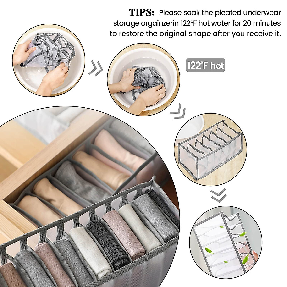 6Pcs Underwear Bra Draw Organizer Storage Box Foldable Drawer Closet Organizer Boxes Wardrobe Closet Storage Organizers for Underwear Bra Socks Underpants Panties and Ties(Grey, 6/7/11)