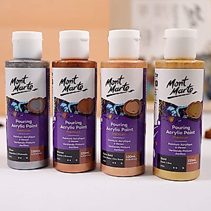 Mont Marte Premium Acrylic Pouring Paint Set, Metallic, 4 x 4oz (120ml) Bottles, Pre-mixed Acrylic Paint, Suitable for a Variety of Surfaces Including Stretched Canvas, Wood, MDF and Air Drying Clay.