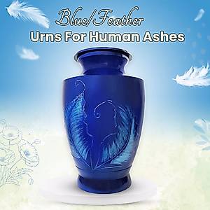 Blue Feather Cremation Urn for Human Ashes, Urns for Adult Ashes, Funeral & Burial Urns for Adult Male and Female, Large Size up to 220 Lbs