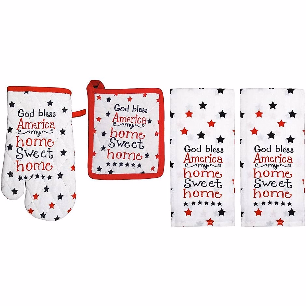 God Bless America Patriotic BBQ Americana Oven Mitt, Pot Holder, Kitchen Towels & Wooden Cooking Spoon 5 Piece Kitchen Set