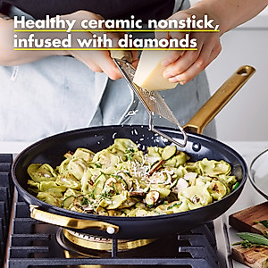 GreenPan Reserve Hard Anodized Healthy Ceramic Nonstick 12" Frying Pan Skillet with Helper Handle and Lid, Gold Handle, PFAS-Free, Dishwasher Safe, Oven Safe, Black