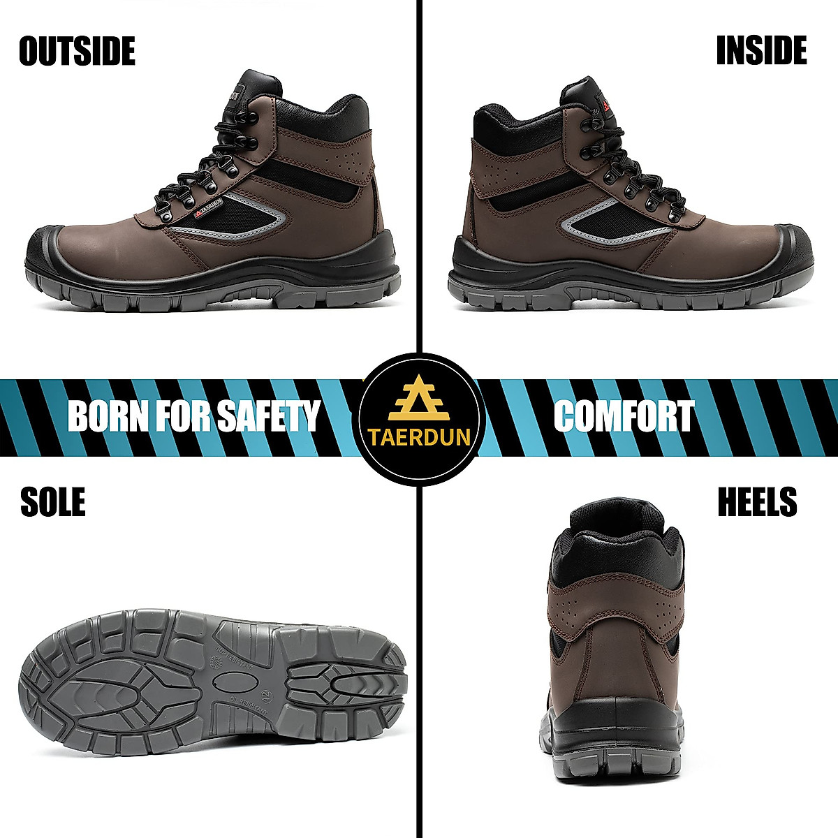 TAERDUN Steel Toe Boots for Men Waterproof Work Safety Shoes Non-slip Breathable Comfort Lightweight, Industrial & Construction Shoes, Indestructible Welding Boots, Brown, 10 Wide