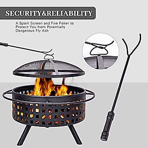 Vipush Fire Pit - 30in Black Crossweave Outdoor Fire Pit, Wood Burning Fire Pit with Spark Screen, Fireplace Poke, Cover - Fire Pit for Outside, Patio, Garden, Backyard, Decking