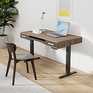 FEZIBO 48" x 26" Mid-Century Modern Electric Standing Desk with 2 Drawers & 1 Keyboard Tray, Whole-Piece Stand Up Home Office Desks, Vintage Top/Black Frame (2 Packages)