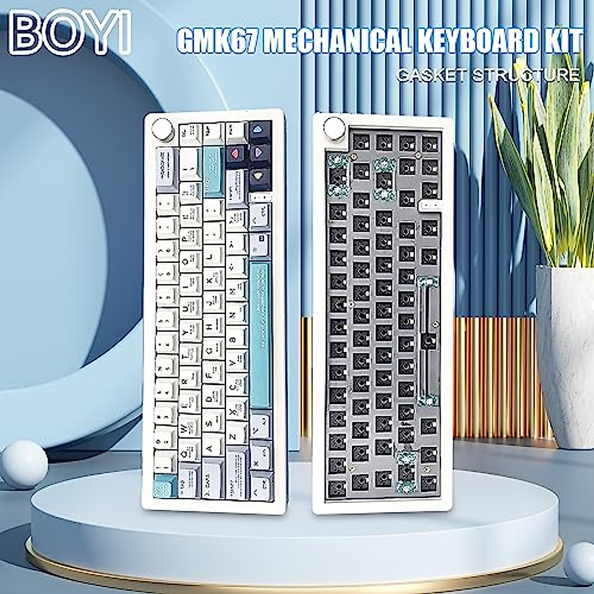 BOYI GMK67-65% Barebones Keyboard Kit,Hot Swap BT5.0/2.4G/Type-C Tri-Mode Wireless RGB Mechanical Keyboard PCB Mounting Kit with Silicone Pad,South-Facing LEDs Customized Keyboard Kit(White+Knob)