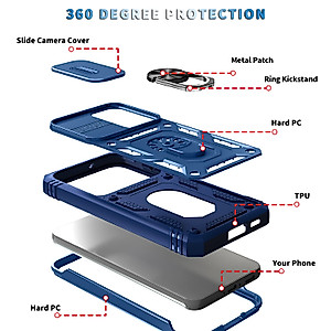 IYTRRYH for Samsung Galaxy S23 Case 5G with Tempered Glass Screen Protectors,with Magnetic Kickstand Ring & Camera Cover Shockproof Military Grade Drop Heavy Duty Protection Galaxy S23 Phone Men Blue