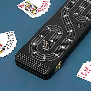Cribbage Board Game Set 3 Tracks, 2 Storage Area, with 9 Metal Pegs,2 Decks of Playing Cards and Instruction, Wooden Travel Portable Cribbage Game Sets