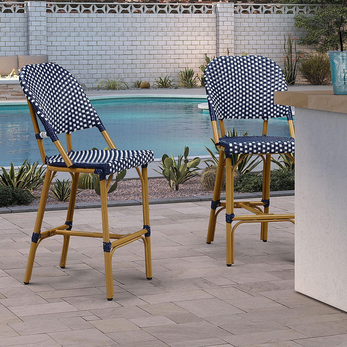 PURPLE LEAF French Country Outdoor Counter Height Bar Stools Set of 2 Patio Wicker 26 Inch High Bar Stool Chairs Metal Rattan Barstools with Ergonomic Backs for Garden Indoor Kitchen Island, Navy Blue