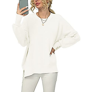 ANRABESS Women's Casual Long Sleeve Oversized Crew Neck Solid Color Side Slit Loose Warm Knit Pullover 2023 Fall Sweater Tops White A305baise-L