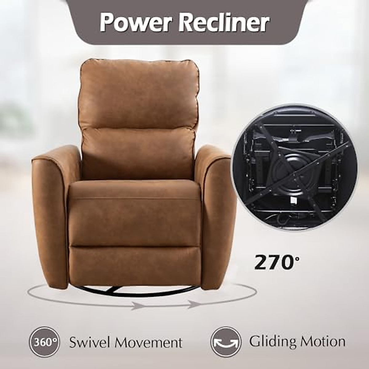 INZOY Power Recliner Swivel Glider, Electric Swivel Rocker Recliners with Lumbar Support, Leathaire Nursery Rocking Recliner Chair Reclining Sofa for Living Room, Brown