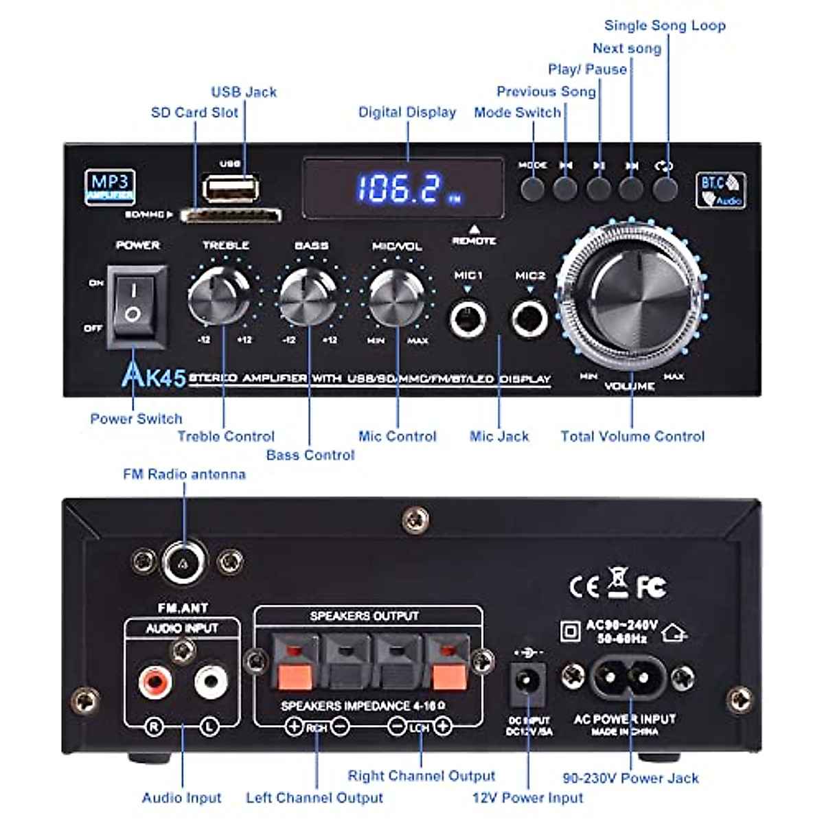 Stereo Audio Amplifier Receiver, 300Wx2 Home Dual Channel Bluetooth 5.0 Sound Speaker AMP, Home Amplifiers FM Radio, USB, SD Card, with Remote Control Home Theater Audio Stereo System Components