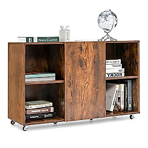 Tangkula Wood File Cabinet with Wheels, Mobile Storage Cabinet with 6 Compartments, Open Storage Shelf, Large Lateral Filing Cabinet, Storage Unit Bookcase for Home, Office (Rustic Brown)