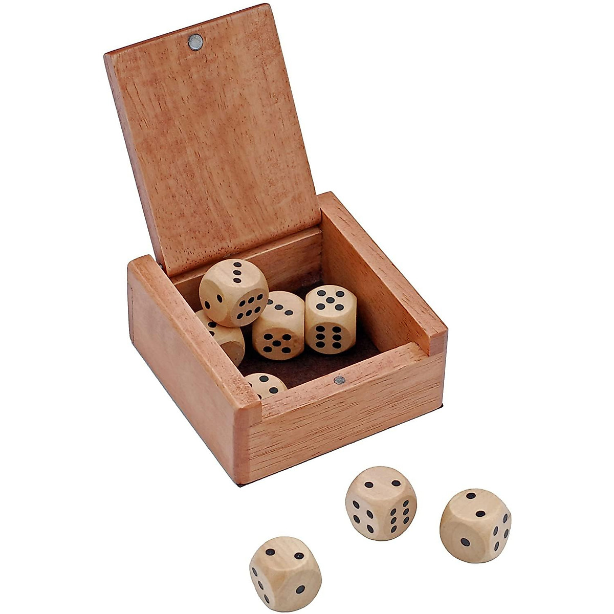 WE Games Wooden Dice Box with 8 Wooden Dice (19mm), Compact Wooden Dice Game Set with Instructions for 10 Classic Dice Games, Travel Games for Adults, Box with Magnetic Enclosure