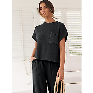 ANRABESS Women's Two Piece Outfits Knit Sweater Vest Crop Top Pants Lounge Matching Tracksuit Sweatsuit Travel Clothes Sets Black Medium