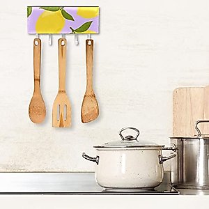 Colorful Hand Drawn Lemon Pattern Mail Holder Organizer and Key Hooks PU Front, Self Adhesive Key Rack with 5 Hooks Perfect for Entryway, Hallway，Bathroom ，Kitchen