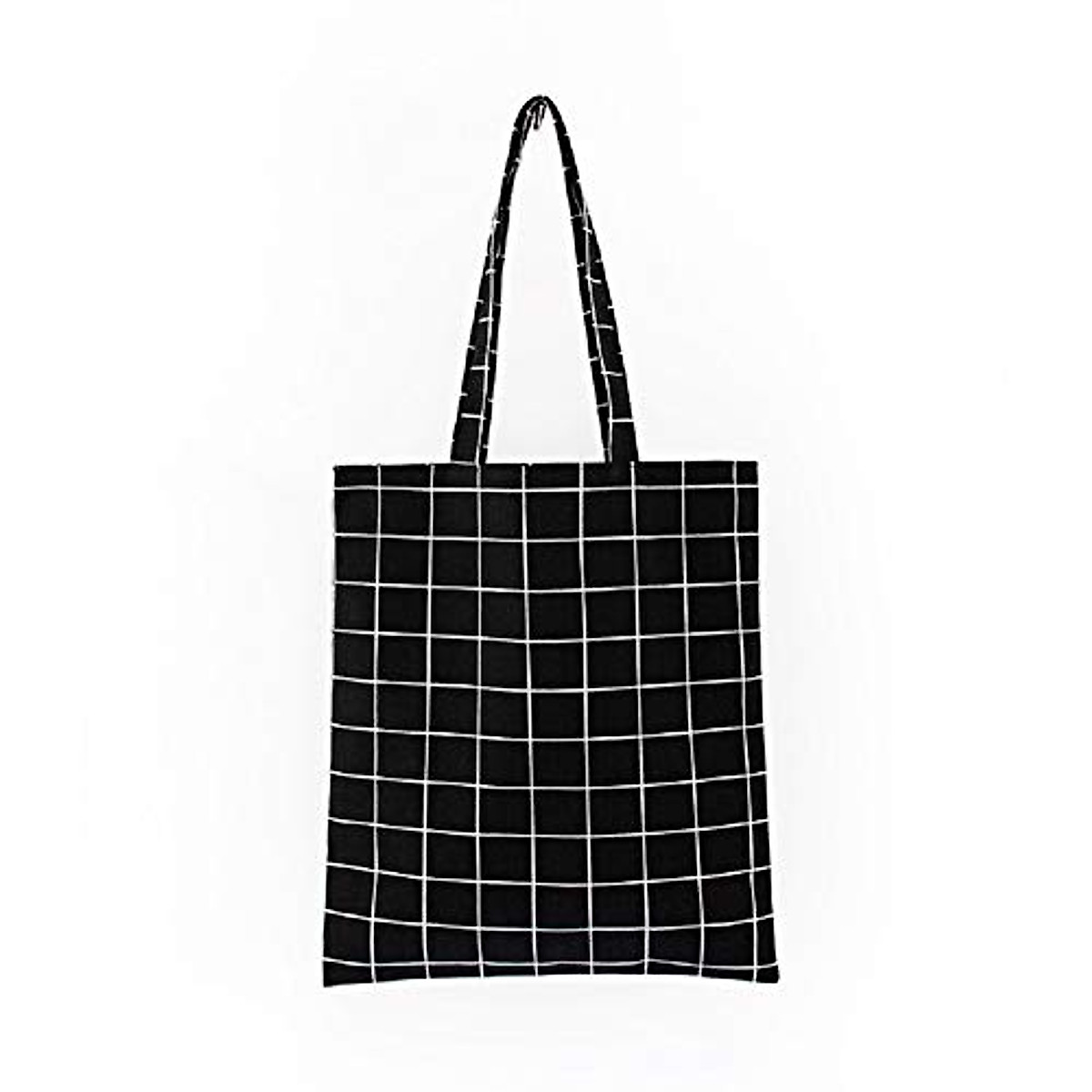 Hooshing Canvas Tote Bag Cute Plaid Reusable 100% Cotton with Zipper and Inside Pocket Black