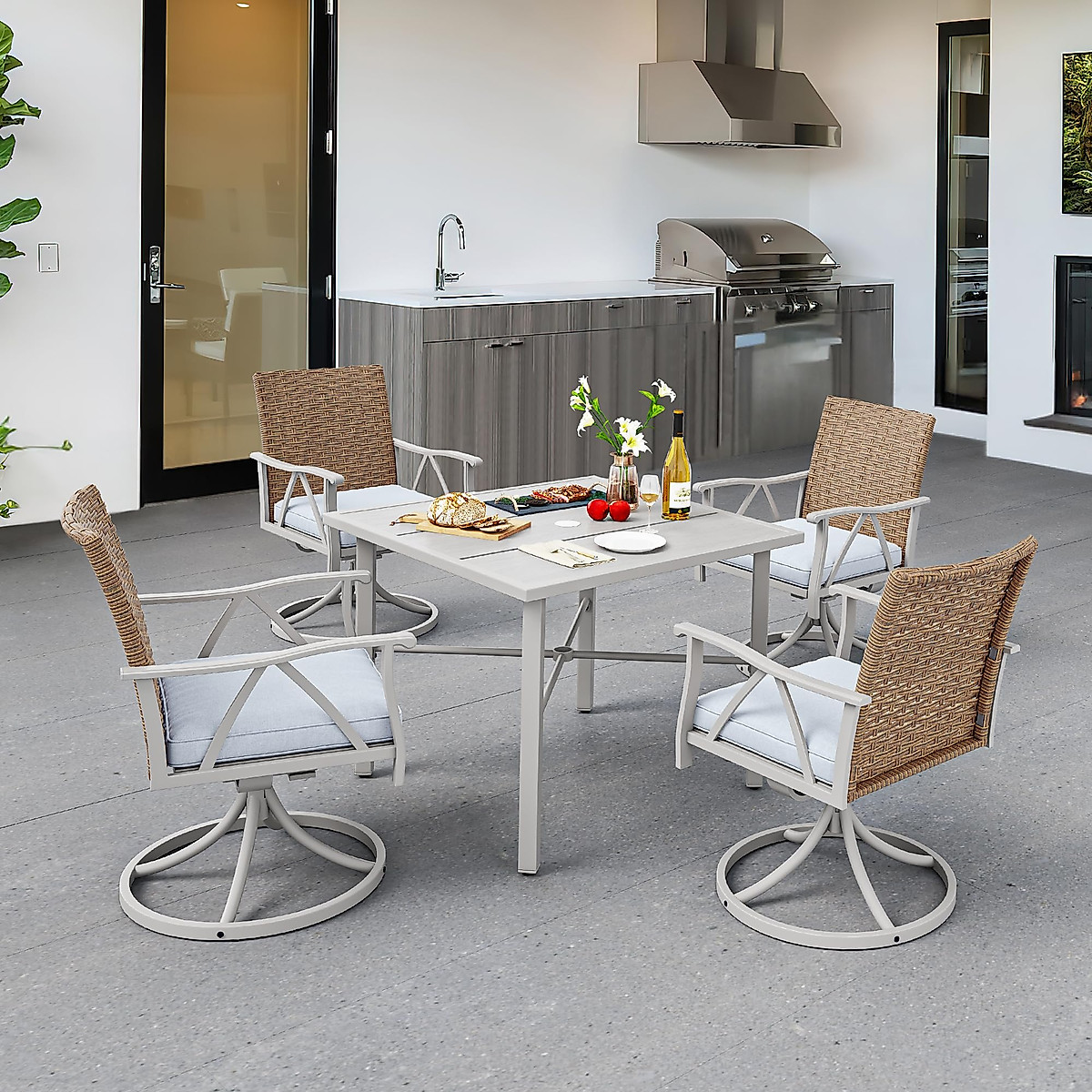 YITAHOME 5-Piece Patio Dining Set, Outdoor Wicker Conversation Furniture w/4 Swivel Dining Chairs and 2" Umbrella Hole Imitation Wood Grain Dining Table for Backyard, Balcony and Garden