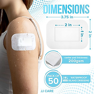 JJ CARE Waterproof Adhesive Island Dressing [Pack of 50], 2" x 3.75" Sterile Island Wound Dressing, Breathable Bordered Gauze Dressing, Individually Wrapped Latex Free Bandages, Non-Stick Central Pad