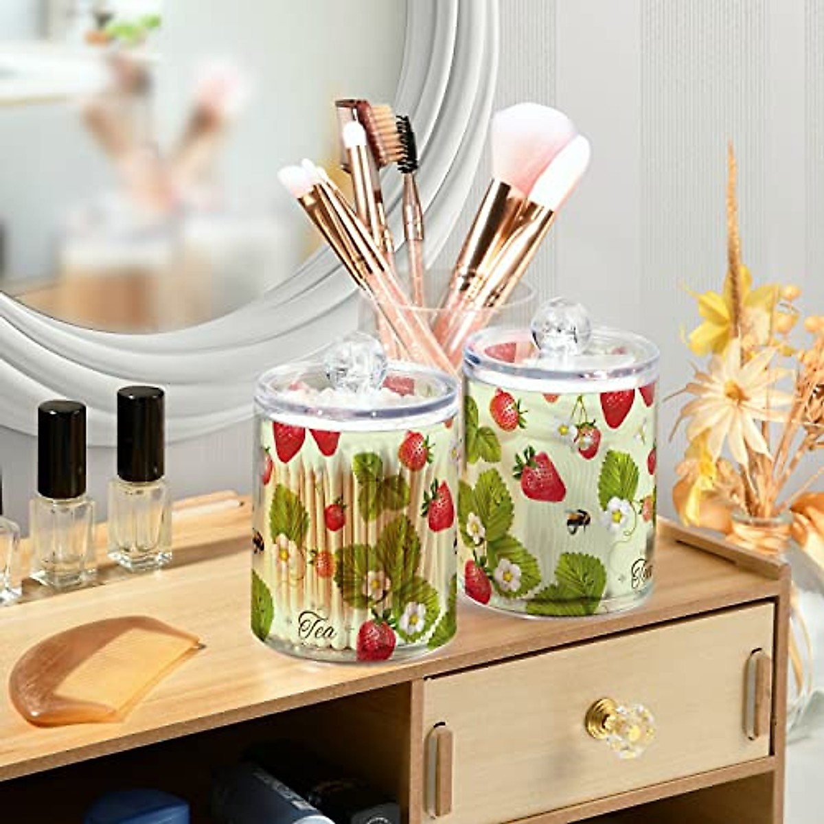 4 Pack Plastic Cotton Swab Ball Pad Holder,Strawberry Leaves with Bee Cotton Pads cans Clear Bathroom Container Organizer Dispenser(227ly4d)