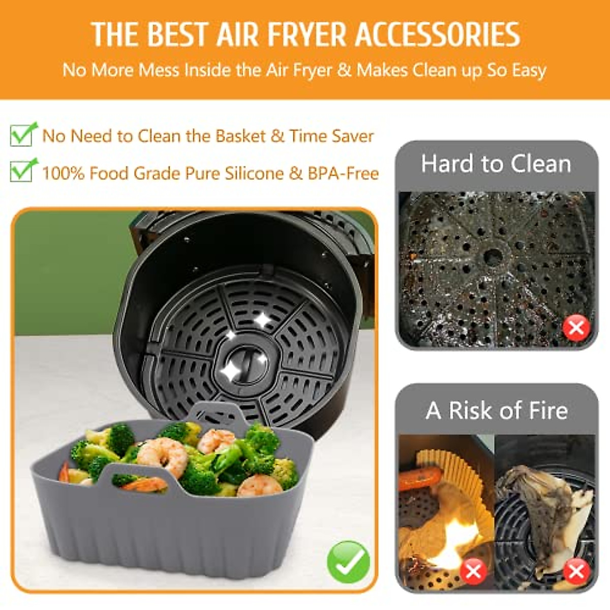 Air Fryer Silicone Liners 9 Inch Reusable Air Fryer Reusable Basket For 6 to 9QT, 2 PCS Square Air Fryer Pot Insert for Oven Microwave Accessories