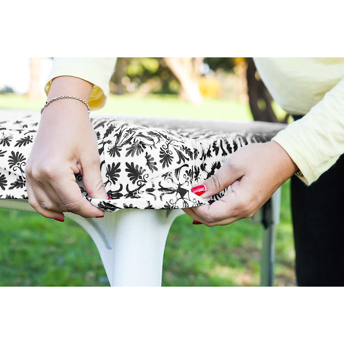 TopTableCloth 5 Foot 60 x 30 inch Black Patterned Tablecloth Elastic Corner Fitted Rectangular Folding Vinyl Table Cover Cloth Xmas Plastic Waterproof Picnic Party Home for Indoor and Outdoor Use