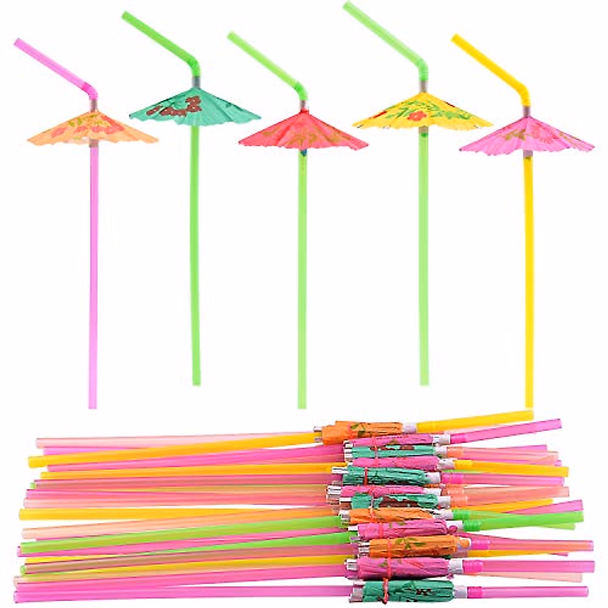 FEPITO 58 PCS Umbrella Drinking Straws Reusable，Parasol Bendy Reusable Drinking Straws for Hawaiian Beach Cocktail Luau Tropical Party Decorations Supplies