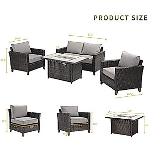 Grand patio Sofa Sets 5 Pieces Conversation Set with Fire Pit Table, Luxury Heavy Duty Wicker Patio Furniture Sectional Sofa with Thick Cushions (Brown Set with Fire Pit, 5 PCS)