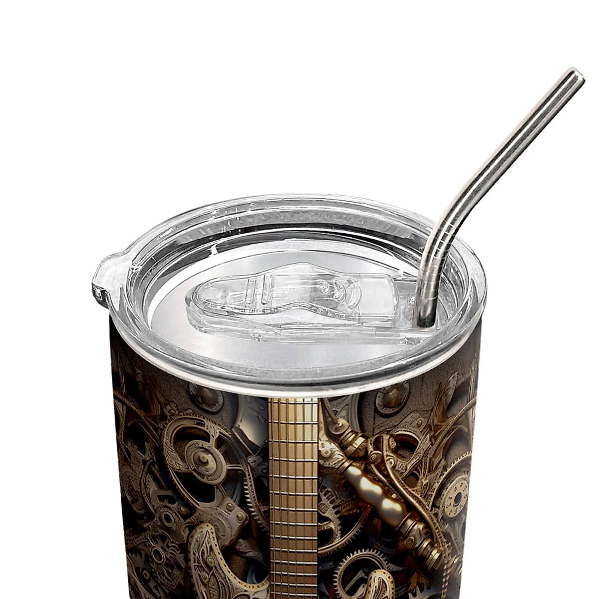 20oz Steampunk Mechanical Metal Rock Electric Guitar Tumbler, Guitarist, Musician Gifts, Coffee Thermos for Men, Stainless Steel Double Wall Vacuum Insulated Coffee Mug, Travel Cup with Lid