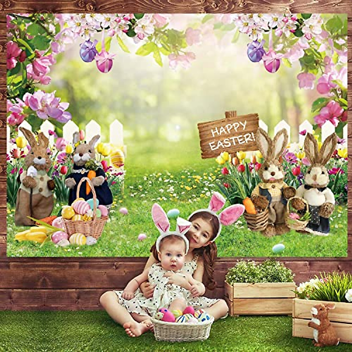 Spring Easter Photography Backdrop 7x5FT Easter Rabbit Garden Colorful Eggs Photo Backdrops Fence Green Grass Bunny Decoration Kids Newborn Baby Birthday Party Backgrounds