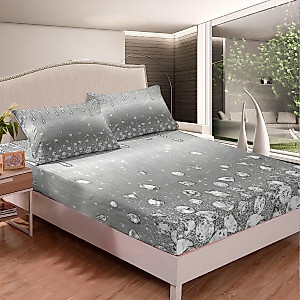 Geometric Ombre Stripes Fitted Sheet Full Size,Silver Glitter Sequin Diamond Bedding Set,Kids Girls Boys Adults Room Decor,Princess Dreamy Bed Cover,Gray Romantic Bed Sheet,2 Pillowcases