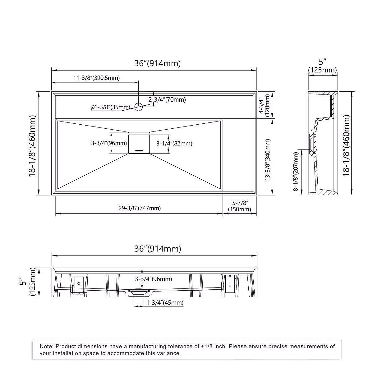 Dowell Wall Mounted Bathroom Sink Rectangular Bowl Stone Resin Sink ADA Compliant Vessel Sink Non-overflow & Single Faucet Hole Floating Sink Perfect for Every Bathroom - Single Bowl - 36" x 18"