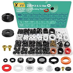 XBVV 32 Size 258 PC Faucet and Plumbing Rubber Washers Assortment Kit for Assorted Garden Hose Valve Spigot Adapter Splitter Outdoor Faucet Bibb Shower Hose Gasket Repair