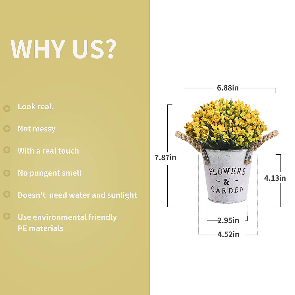 OUIVIAL Artificial Potted Plants - Medium Potted Plants Fake Plastic Flower Eucalyptus Leaves Plants with White Metal Basin for Home, Kitchen, Indoor Outdoor Decor. (Yellow Artificial Potted Plants)