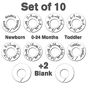 Baby Closet Dividers - Set of 10 from Newborn to Toddler and 2 Blanks with Colored Box,Baby Size Divider Fits 1.65" Rod- [White Unisex]