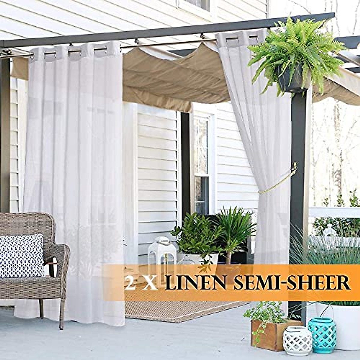 RYB HOME 2 Panels Outdoor Curtains for Patio - Linen Look Semi-Sheer Curtains for Patio Waterproof, Indoor Outdoor Drapes for Gazebo Pergola Balcony Pool Spa, Wide 54 x Long 84