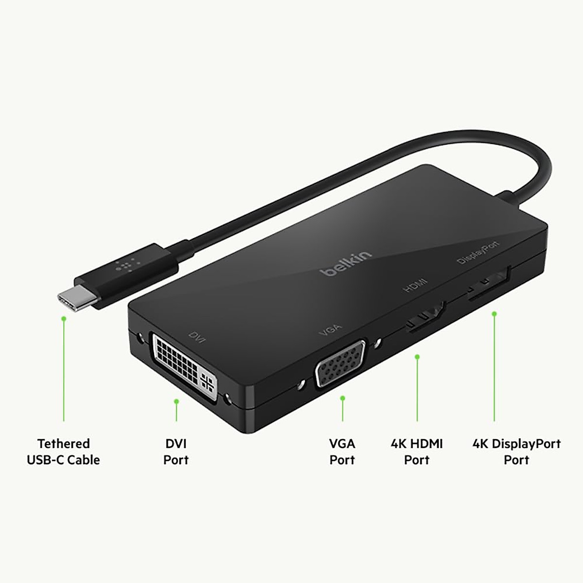 Belkin USB C Video Adapter, 4-in-1 MultiPort Adapter - USB C Video Adapter For MacBook Pro, MacBook Air, iPad Pro & Mac Mini - HDMI, VGA, DisplayPort, Or DVI Video Display W/ Tethered USB C Cable