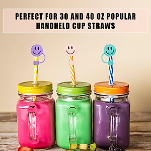 Whaline 4Pcs Smile Face Straw Covers Silicone Reusable Straw Topper Double Sided Pattern Straw Tip Covers 10mm 0.4 Inch for 30 & 40 OZ Tumbler with Handle（Pink,Purple,Mint Green,Cream Color）