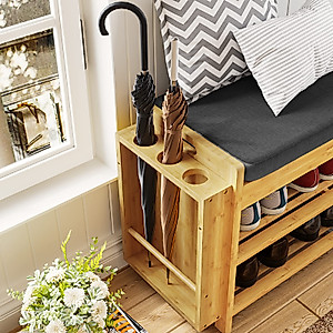 FORABAMB Shoe Bench, Bamboo Wood and Rattan Entryway Storage Bench with Padded Cushion, 11.4"D x 38.4"W x 19.7"H