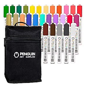 PENGUIN ART SUPPLIES 28 Dual Tip Acrylic Paint Pens: Craft Paint Markers for Painting Wood, Glass, and Halloween Decoration - Non Toxic Reversible Pen with 5mm + 3mm Fine Tip and Zipper Pouch