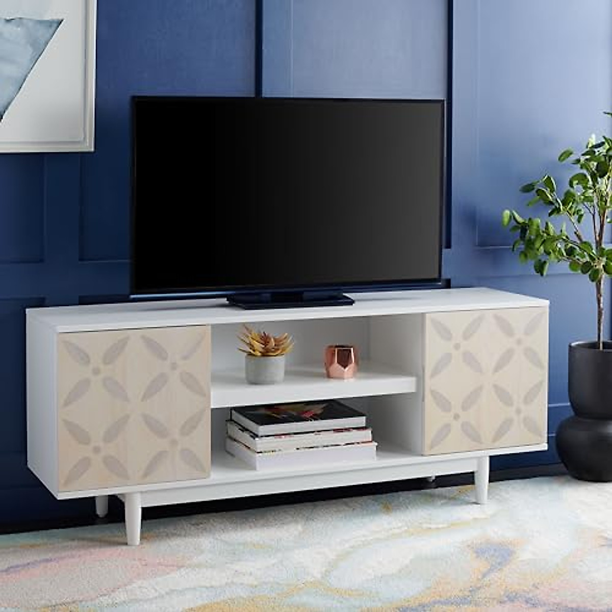 SAFAVIEH Home Collection Faye White Washed 3-Shelf Patterned Entertainment Media Stand up to 60" Flatscreen TV