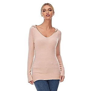 AmélieBoutik Women Hooded V Neck Raglan Long Sleeve Sweater Knit Top (Pink X-Large)