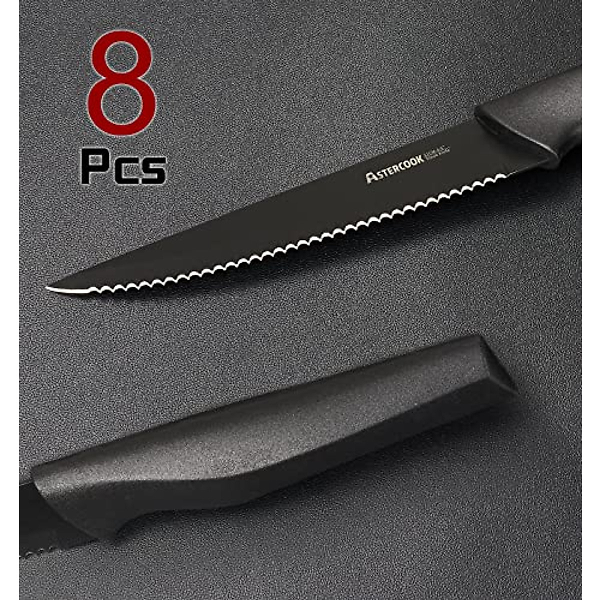 Astercook Steak Knives, Steak Knives Set of 8, Dishwasher Safe High Carbon Stainless Steel Serrated Steak Knife, Black